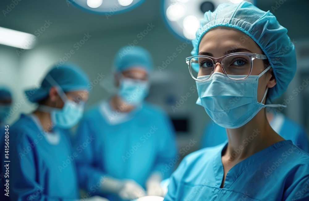 Portrait of female surgeon wearing scrubs and protective glasses in ...