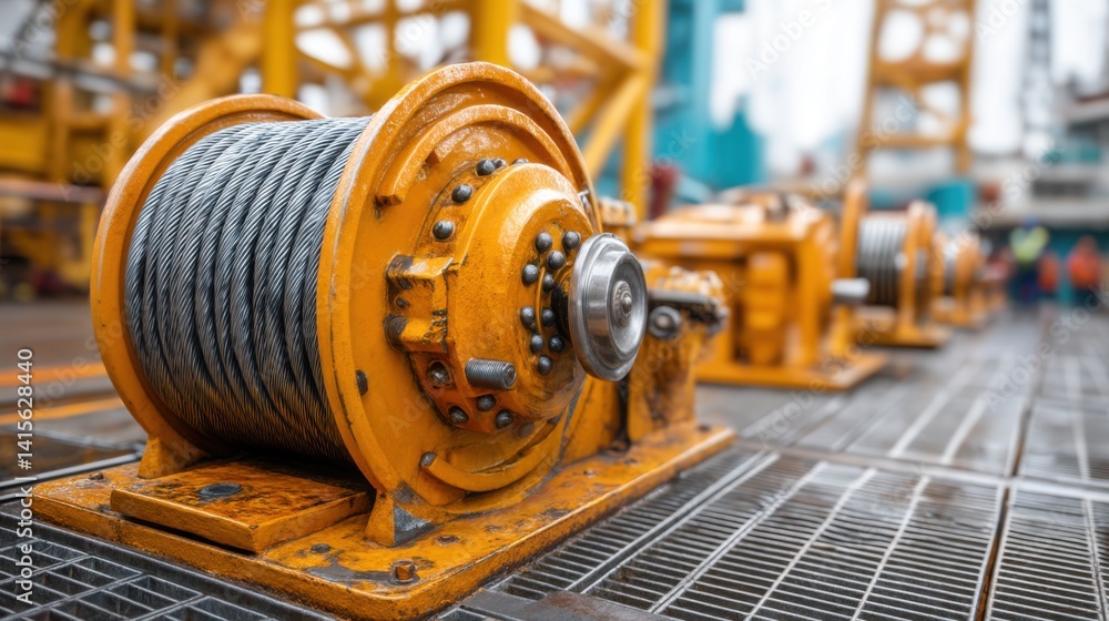 Steel wire rope drum on a crane winch at an offshore oil rig. Essential ...