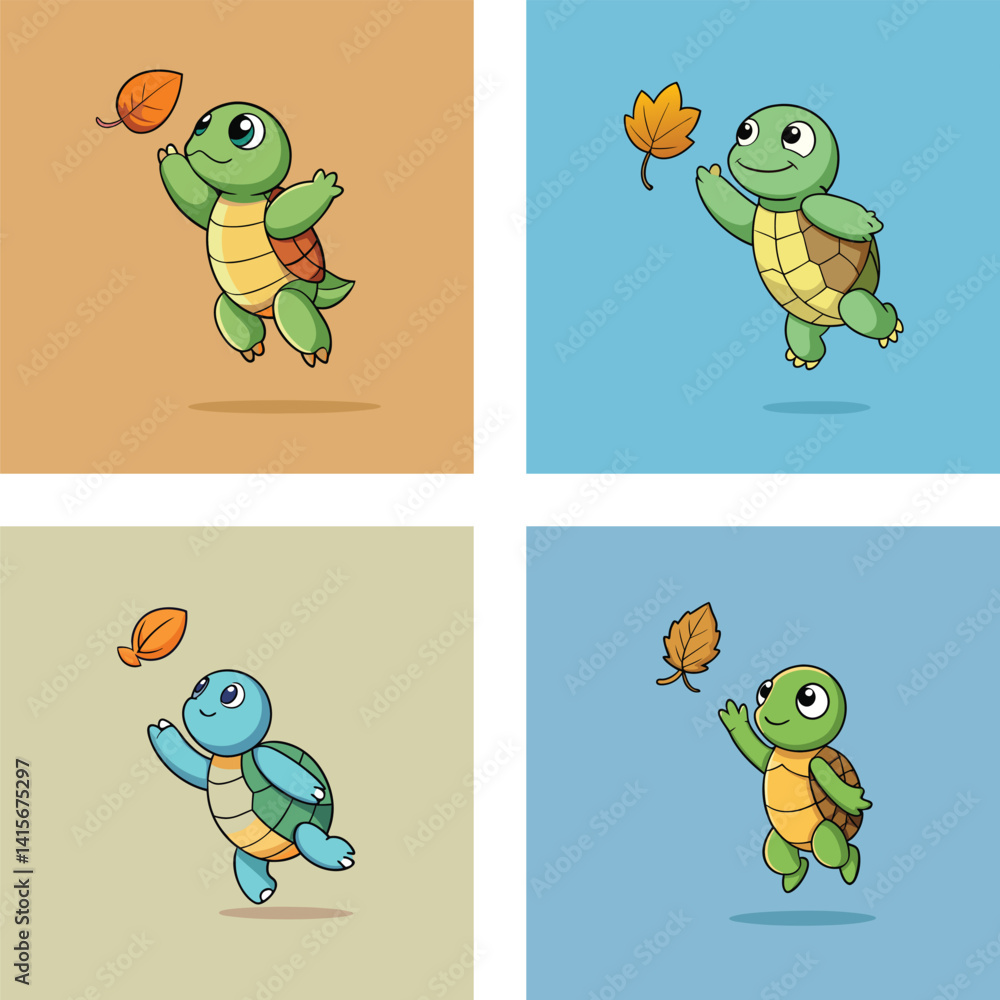 Cartoon Turtles Reaching For Autumn Leaves Colorful Cute Character Art ...