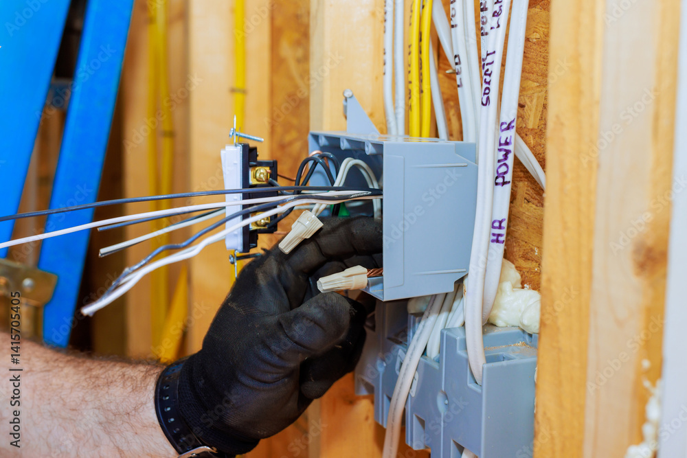 An electrician connects wires to junction box while installing ...