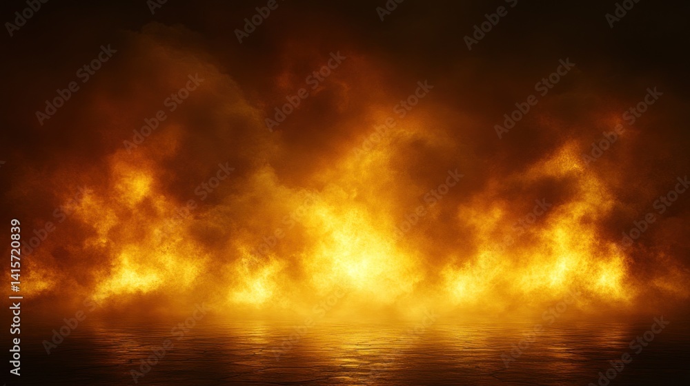 Blazing inferno engulfs the space, casting an orange glow and igniting ...