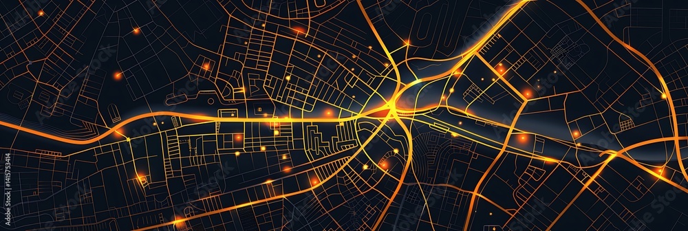 Abstract digital city map glowing with orange light trails on roads and ...