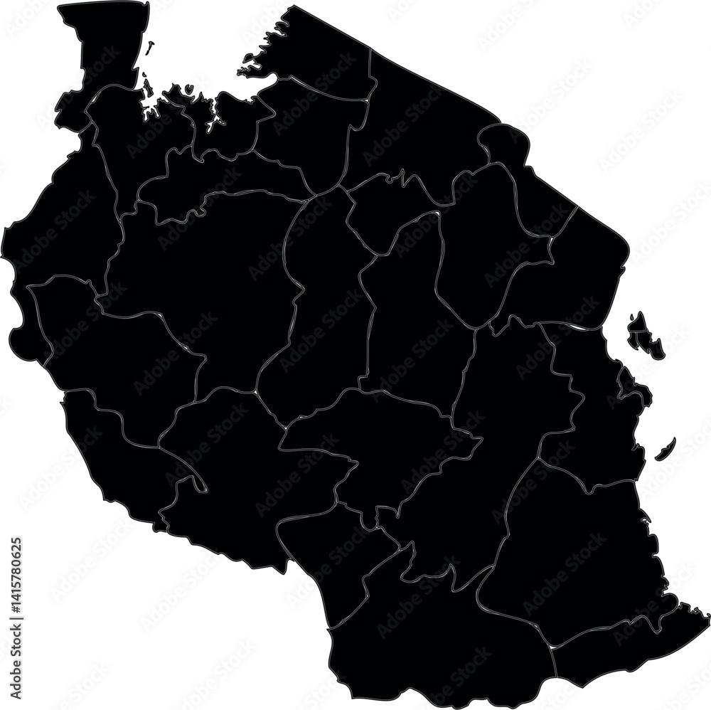 Tanzania Political Map, Vector Outline of Administrative Regions Stock ...