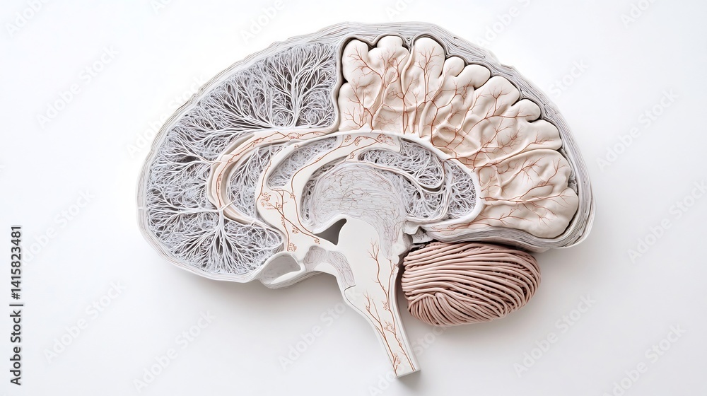 Anatomy of human brain with neural pathways labeled white background ...