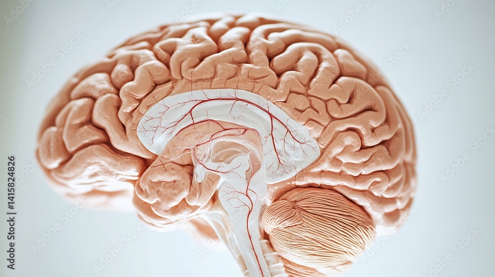 Anatomy of human brain with neural pathways labeled white background ...