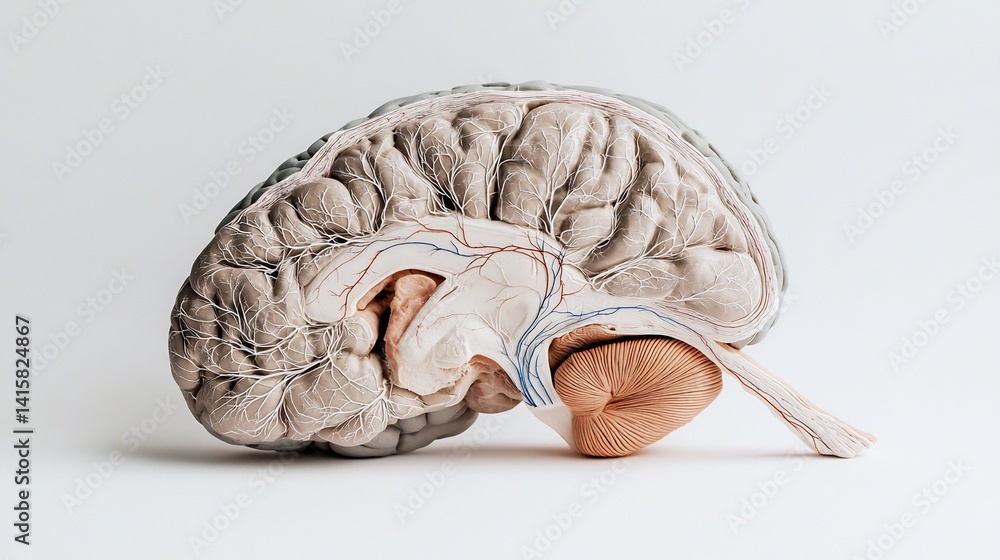 Anatomy of human brain with neural pathways labeled white background ...