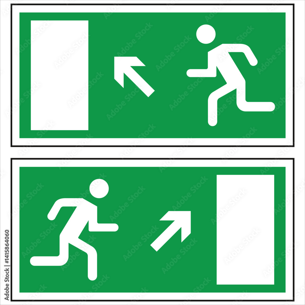 Emergency exit signs with a running man and an arrow indicating the ...