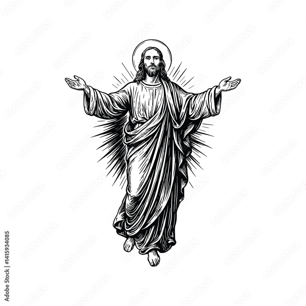 Hand-Drawn Illustration of Jesus Christ with Halo, drawn in an engraved ...