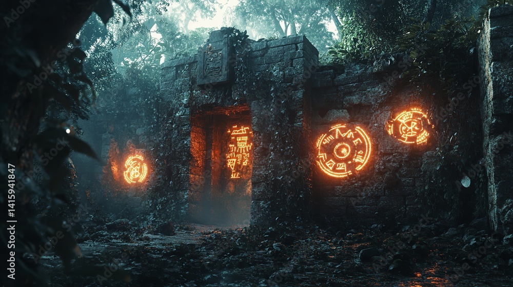 Mysterious Ancient Stone Gateway Jungle Ruins Orange Glowing Symbols Dark Fantasy Digital Art ...