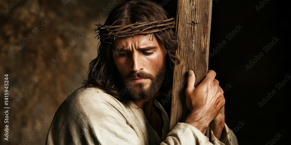 Jesus Christ on the way to Calvary carrying the cross. Passion and ...