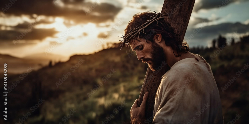 Jesus Christ on the way to Calvary carrying the cross. Passion and ...