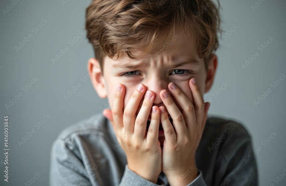 Sad boy covers face with hands. Child hiding face, experiencing sorrow ...