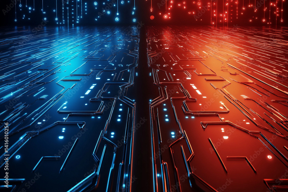 Technology background with two paths running in parallel. red and blue ...