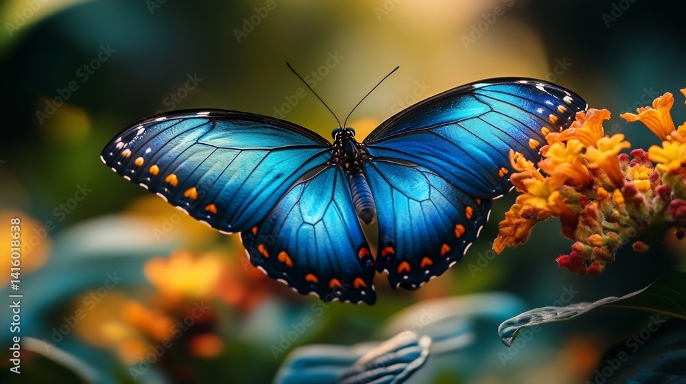 Dazzling morpho butterfly fluttering above a tropical flower iridescent ...