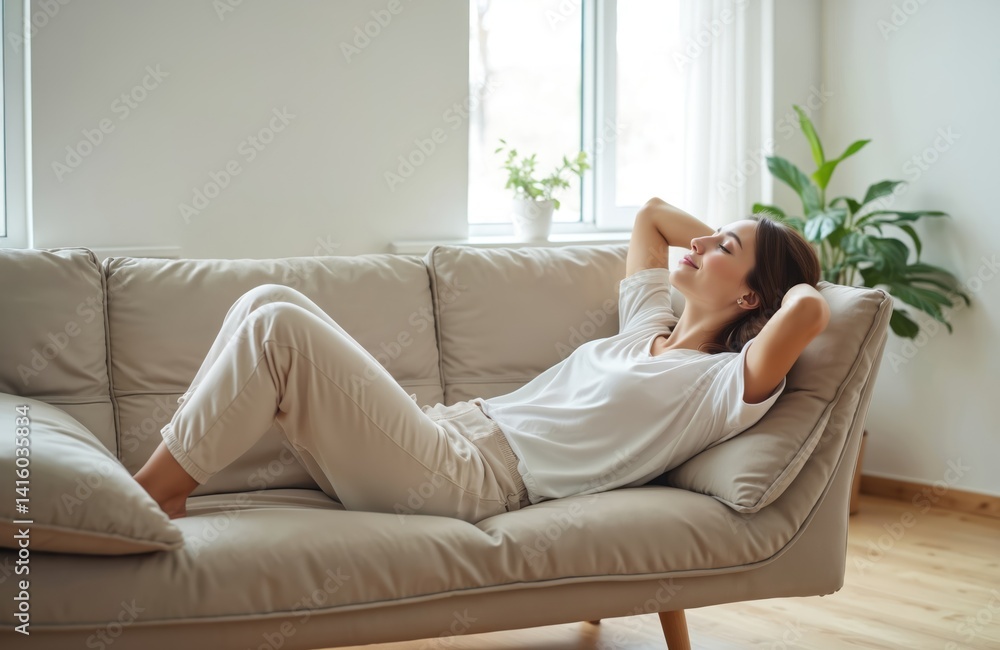 Young woman rests on comfy sofa. Peaceful Caucasian girl relaxing ...