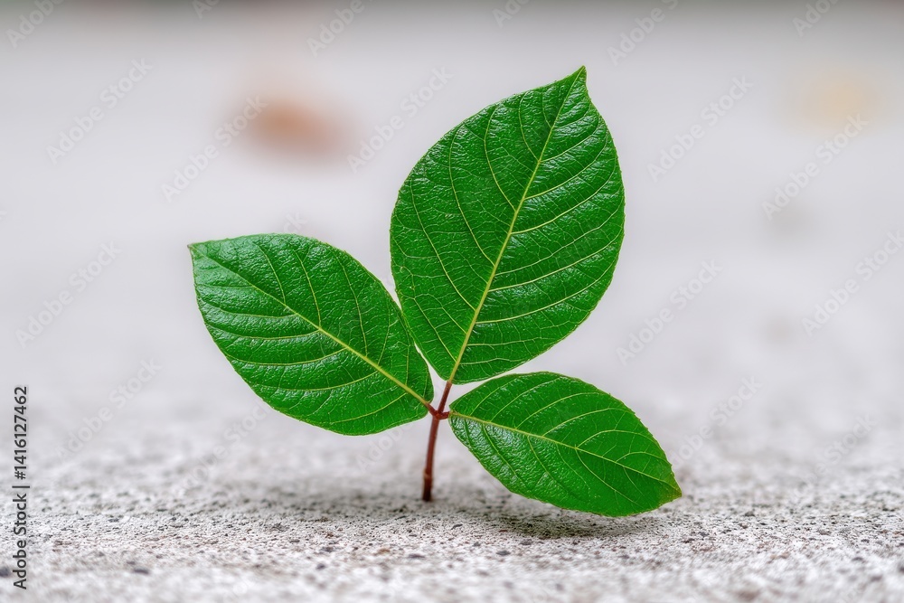 Three bright green leaves arranged in triangle formation on concrete ...