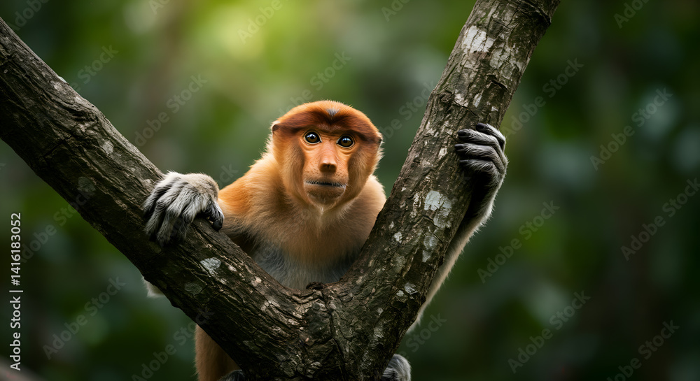 Proboscis Monkey Borneos BigNosed Icon gazing from a tree branch. Stock ...