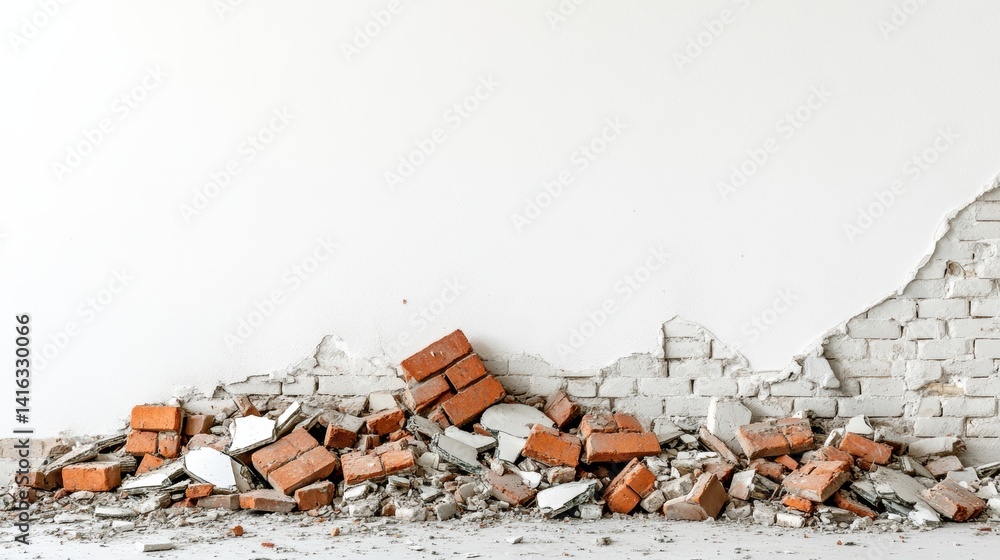 Broken bricks rubble pile against white wall construction demolition ...