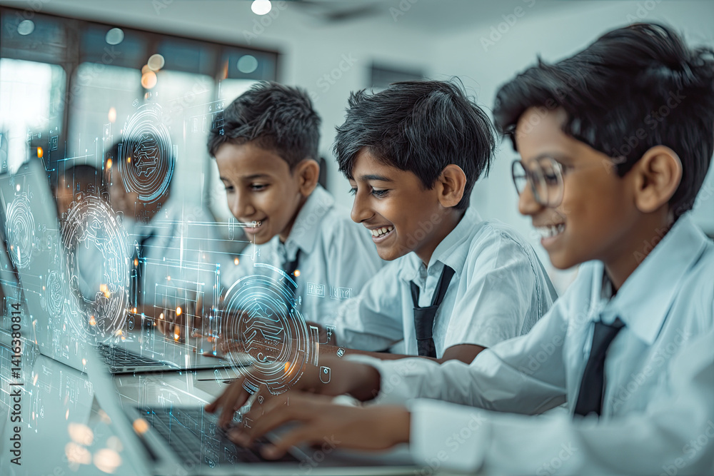 Smiling Indian schoolboys using laptops in modern classroom. Technology ...
