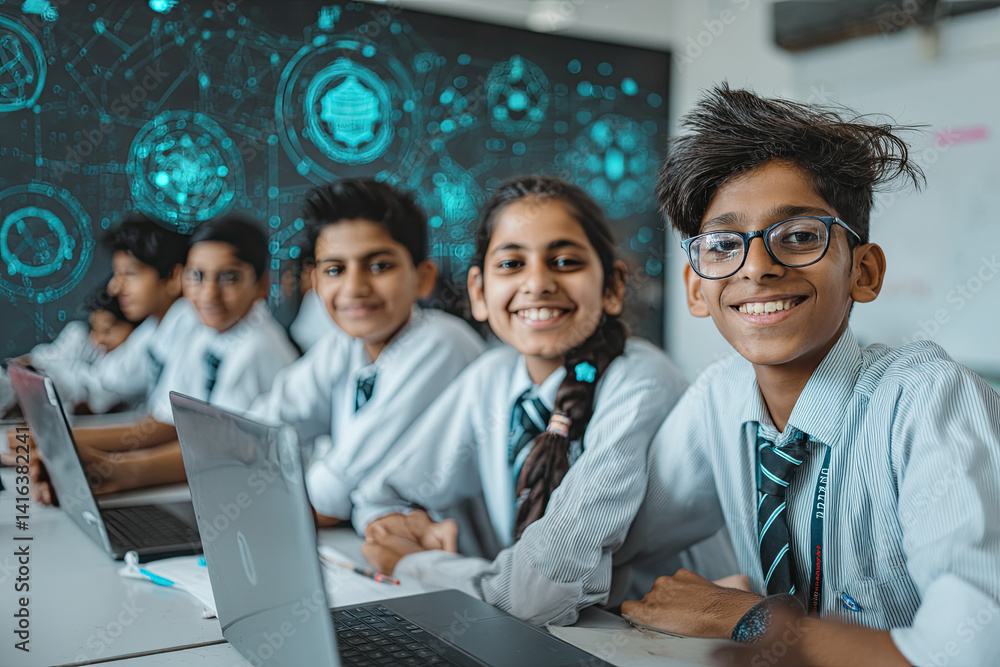 Smiling Indian teenagers using laptops in modern tech classroom ...