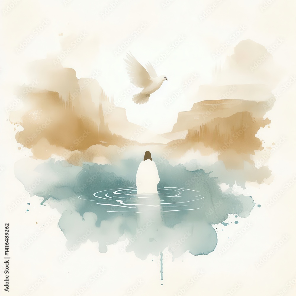 Jesus baptized by John in the Jordan River with the Holy Spirit as a ...