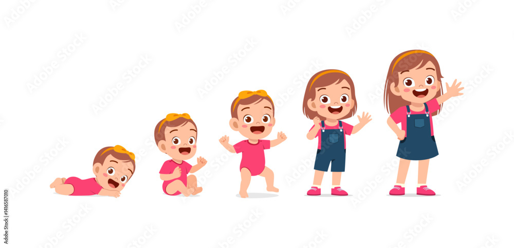 Illustration of baby girl growing up, showing milestones from infant to ...