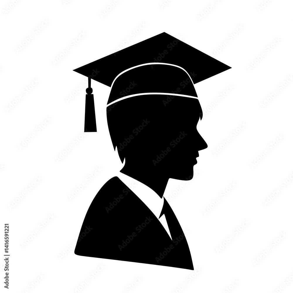 College boy, university graduates in graduation cap and gown silhouette ...