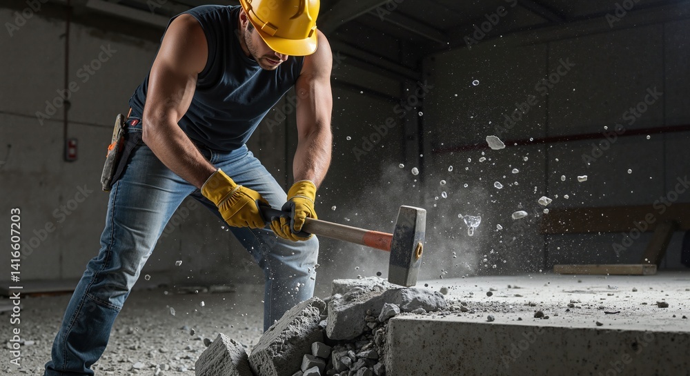 Construction worker smashing concrete with a sledgehammer indoors Stock ...