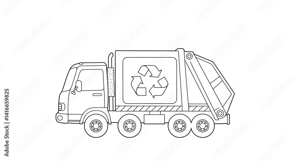 Garbage Truck Coloring Page Outline with Clear Recycling Symbol ...