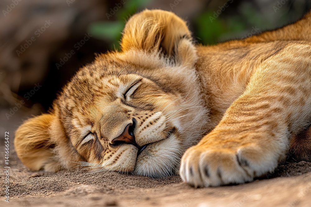 A sleepy lion cub lying down with its paws stretched out, its eyes half ...