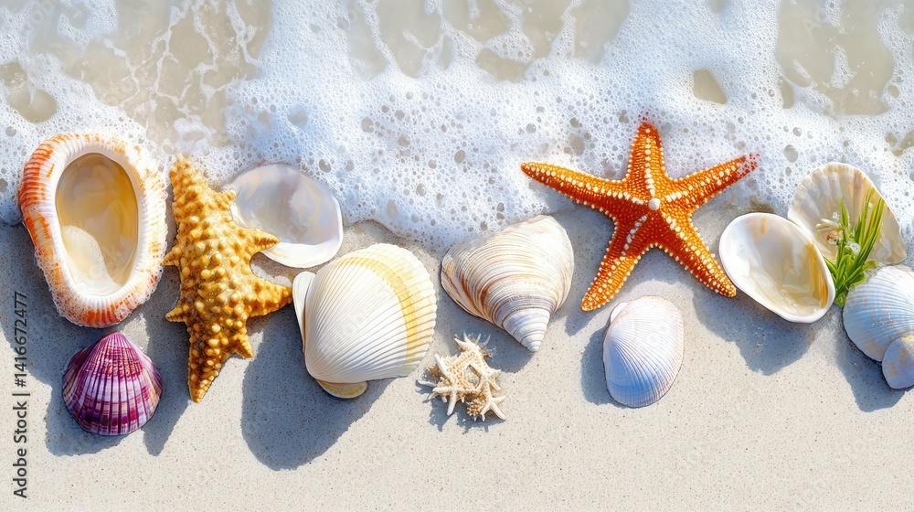 Still life on the beach: starfish and shells bask in the sun as gentle ...