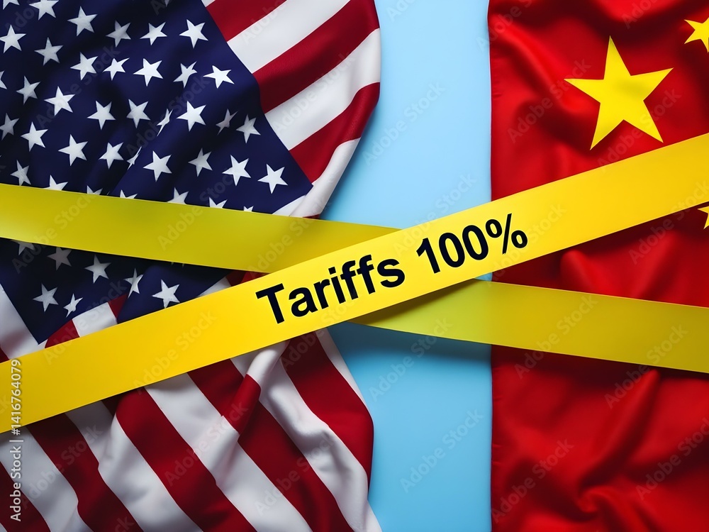 100% Tariffs Symbolized by Yellow Caution Tape over U.S. and China ...