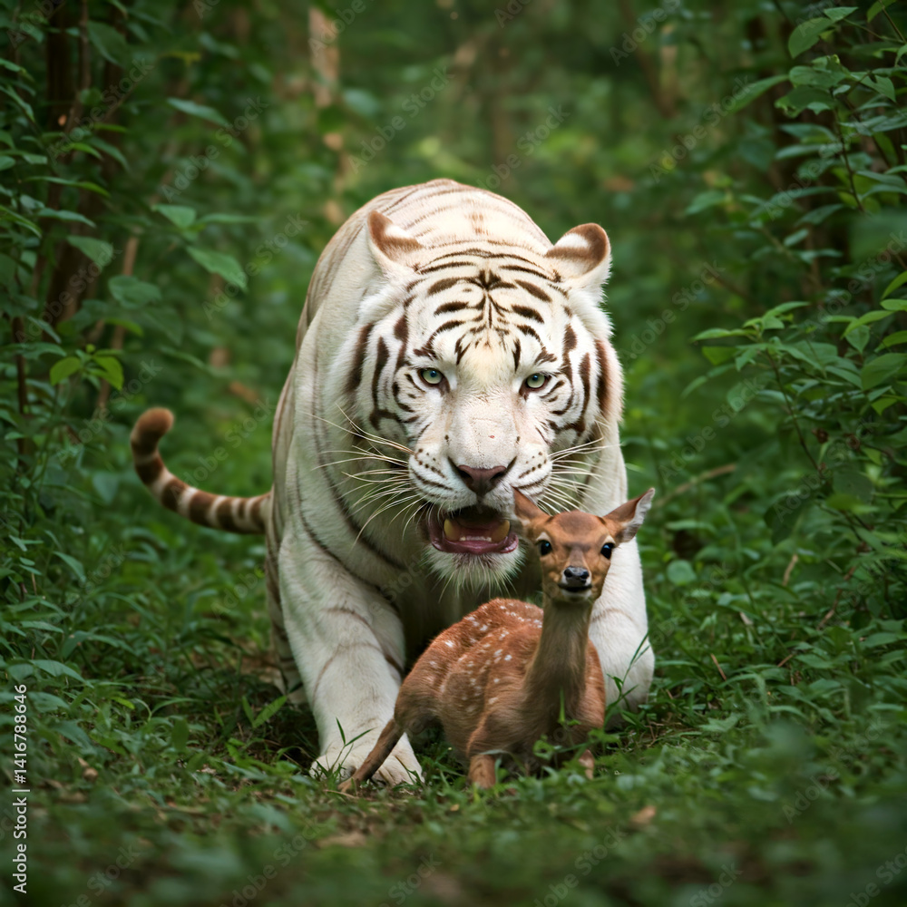 White Tiger Confronting a Deer in a Lush Forest Setting Stock Photo ...