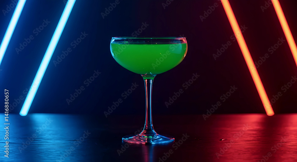 Bright green cocktail in a martini glass against dramatic red and blue ...