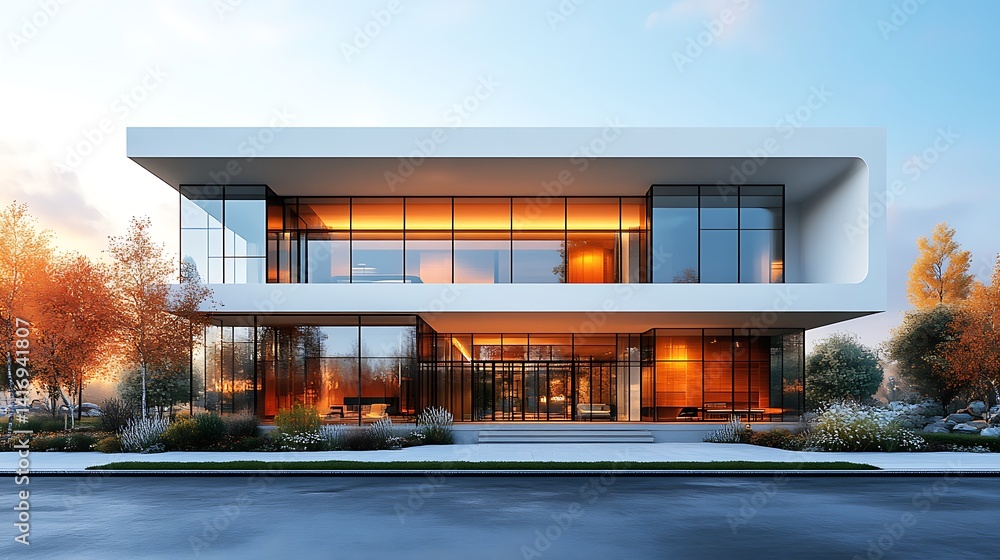 Minimalist three-floor villa glass front view high resolution photo ...