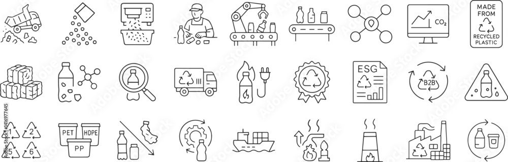 Plastic recycling line icon set. Vector pictograms of waste, conveyor ...