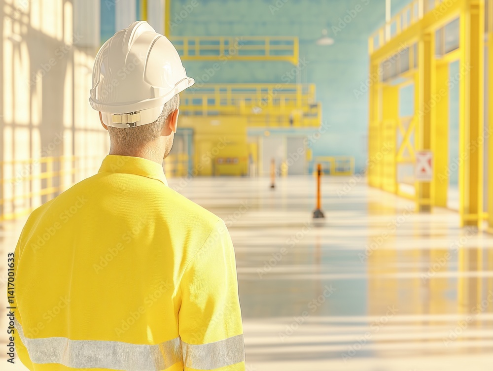 Safety officer inspecting a brightly lit industrial facility in high ...