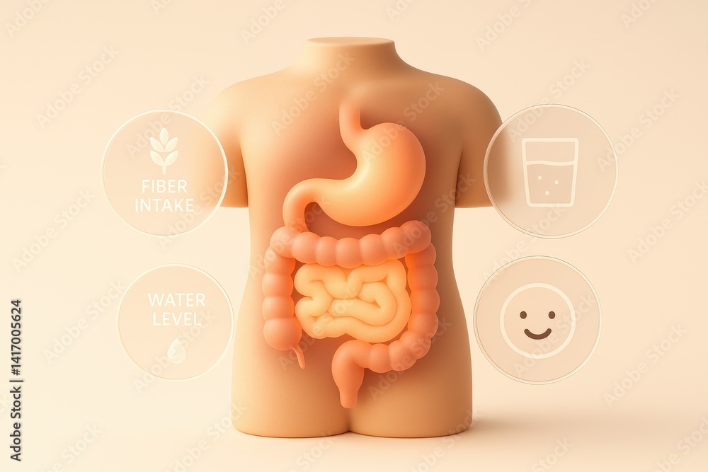 Healthy Gut Microbiome 3d Model Of Human Digestive System With Icons