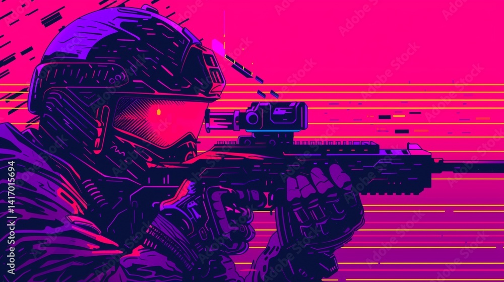 Futuristic marksman in synthwave style illustration. Sci-fi soldier ...