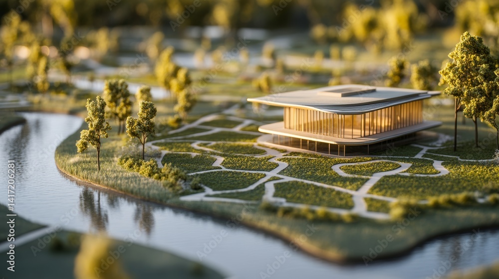 Architectural park model: site plan with green spaces and building ...