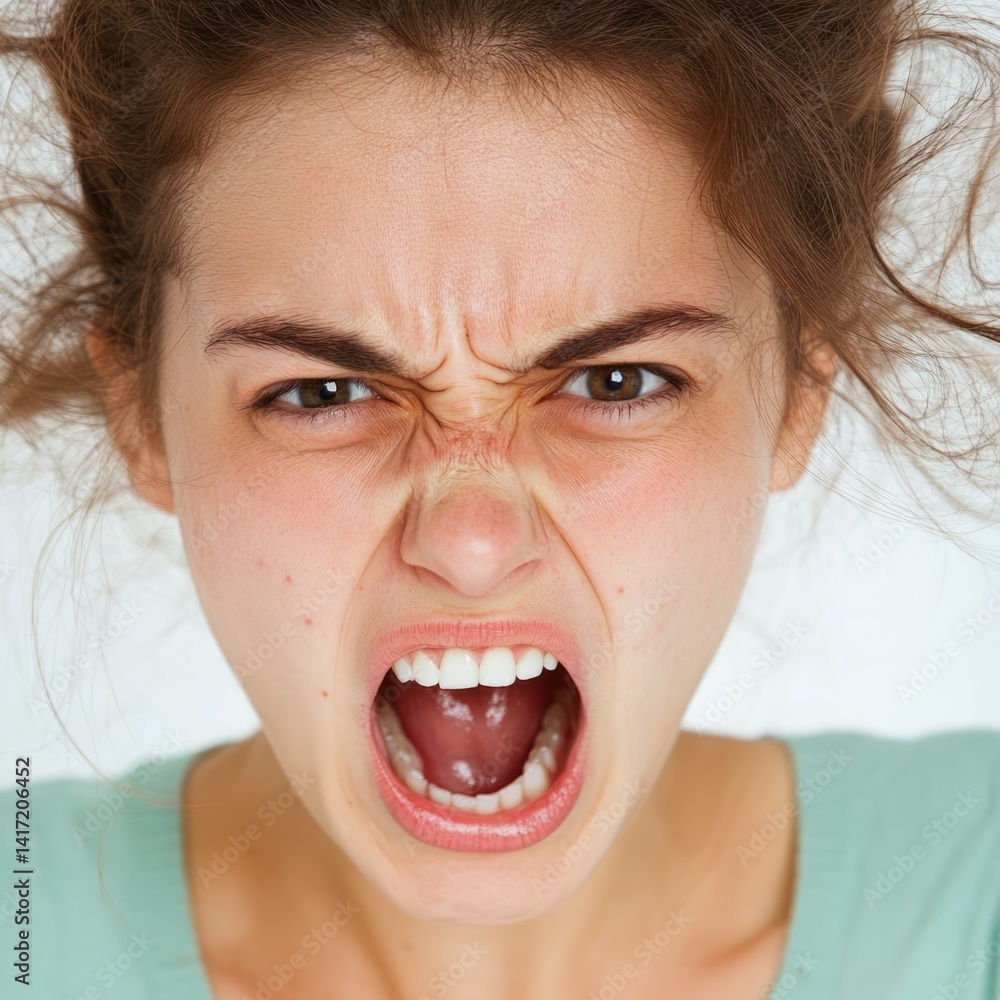 Angry young woman screaming in closeup studio portrait emotional ...
