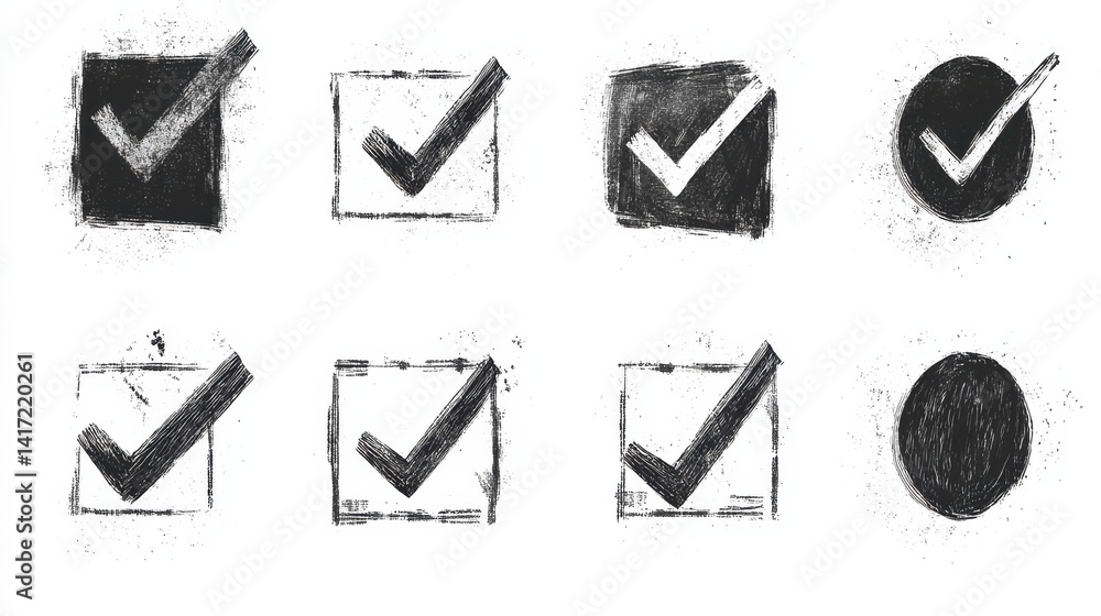 Hand drawn grunge texture tick, mark, checkboxes, correct or wrong symbols set. Chalk or crayon ...