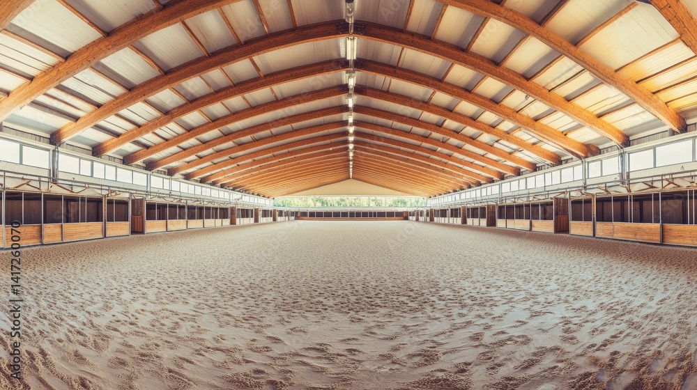 Indoor horse arena interior: spacious riding arena with sand floor and ...