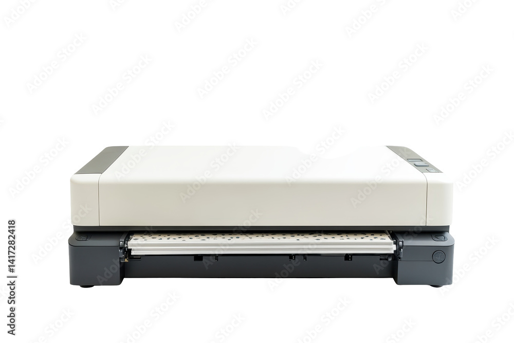 Compact desktop printer with paper tray isolated on white background ...