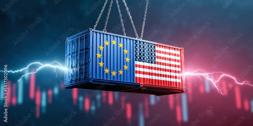 Shipping container featuring American and European Union flags ...