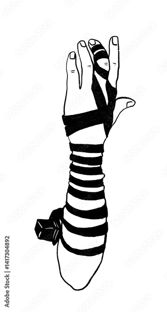 Black and white illustration of a raised arm wrapped in tefillin straps ...