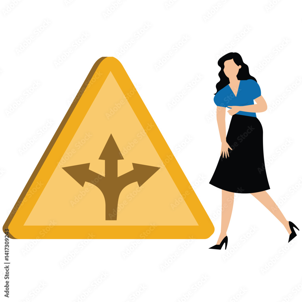 Businesswoman contemplate which way to go with fork road yellow warning ...