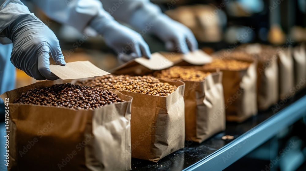 Workers carefully packaging various types of grains in a modern food ...