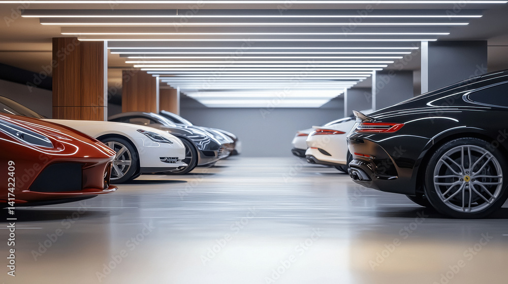 A high-end luxury apartment basement parking area with sleek polished ...