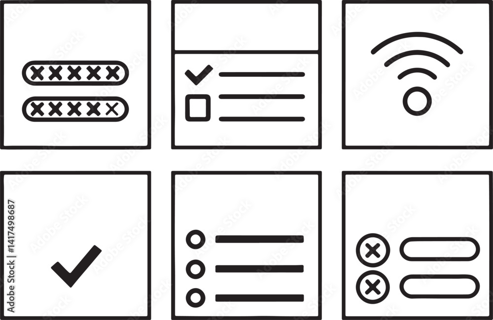 Set of 6 outline icons related to form fill up option. Linear icon ...